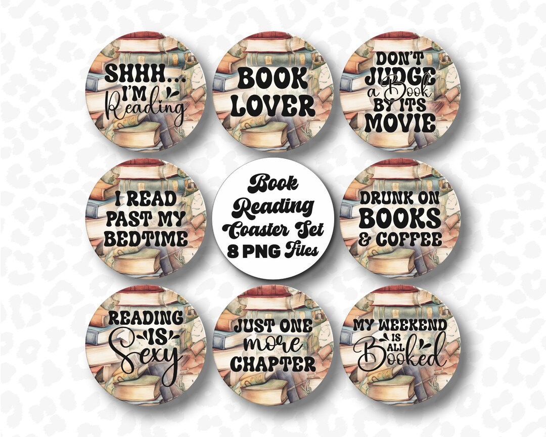 Reading Coaster PNG, Book Coaster Bundle of 8, Sublimation Design, Book ...