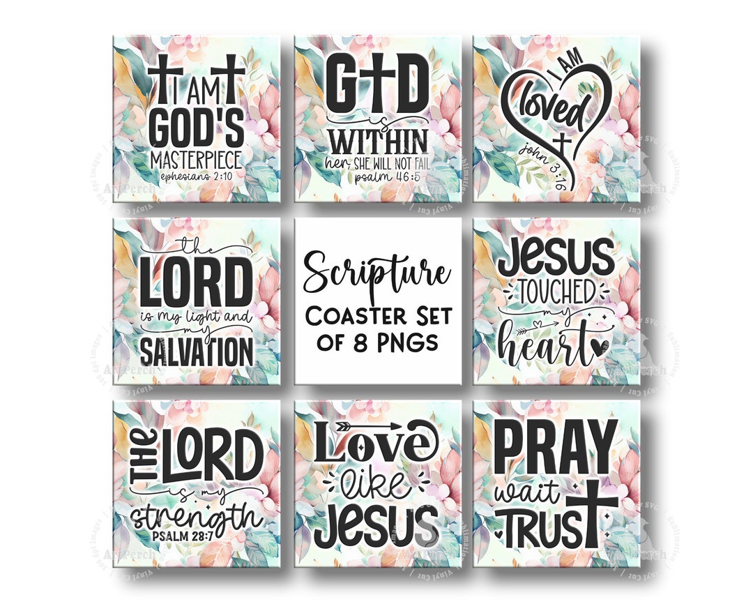 Scripture Coaster PNG, Square Coaster Design, Bible Verse Design, Set ...
