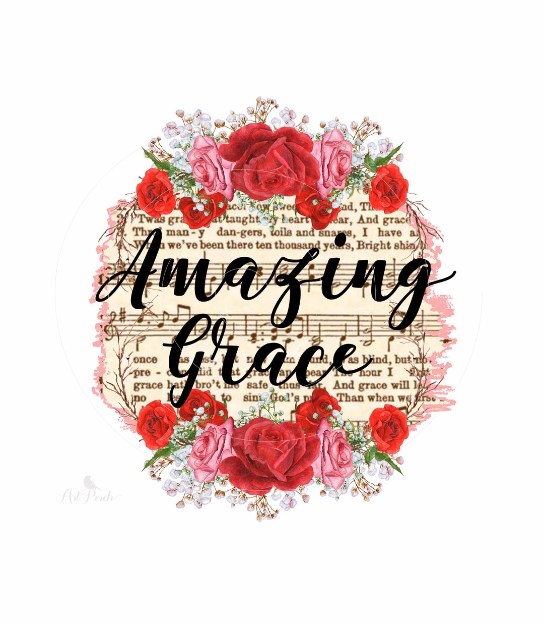 Amazing Grace Sheet Music Red Floral PNG Design - Christian Sublimation ...