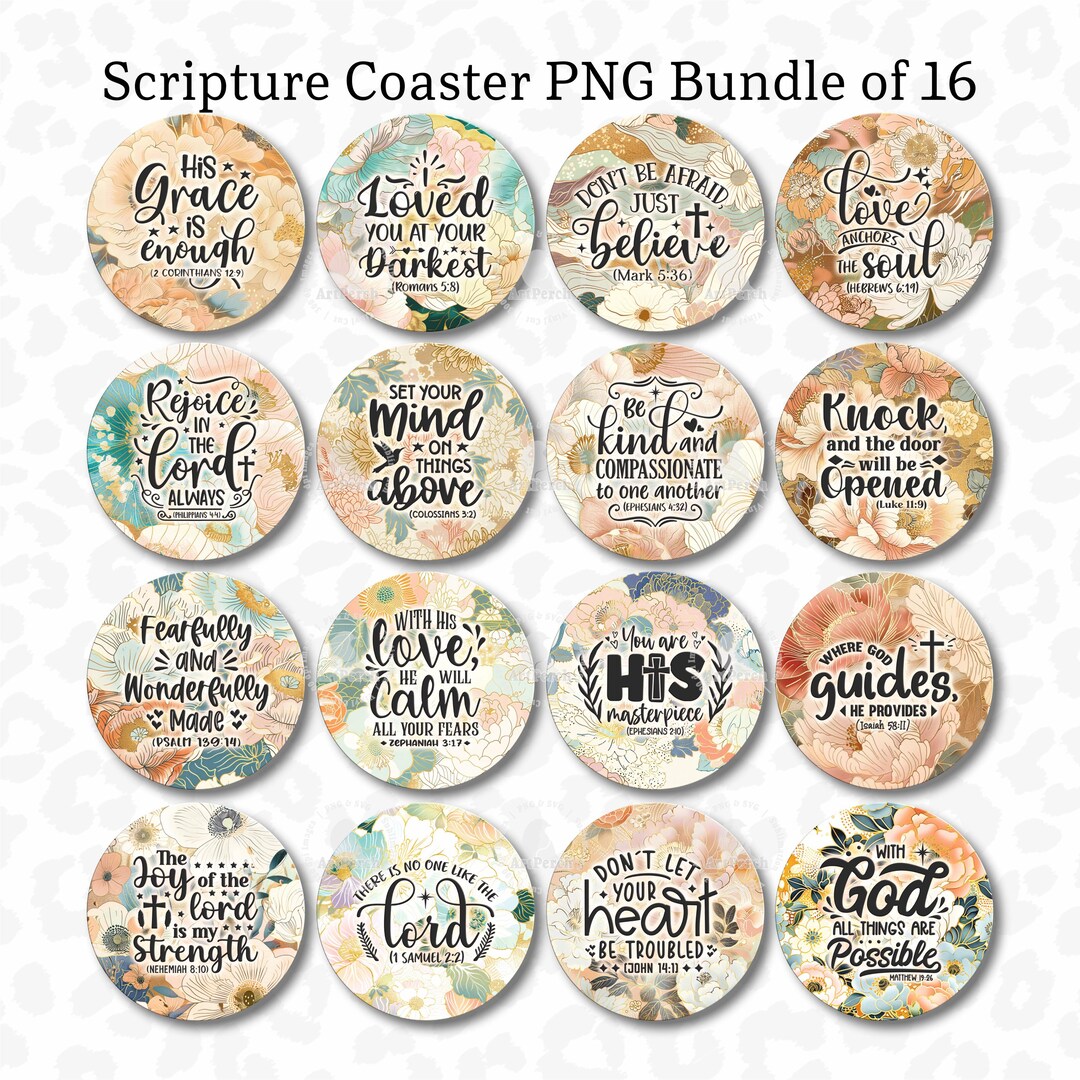 16 Coaster Pngs, Scripture Coaster PNG Bundle, Sublimation Design ...