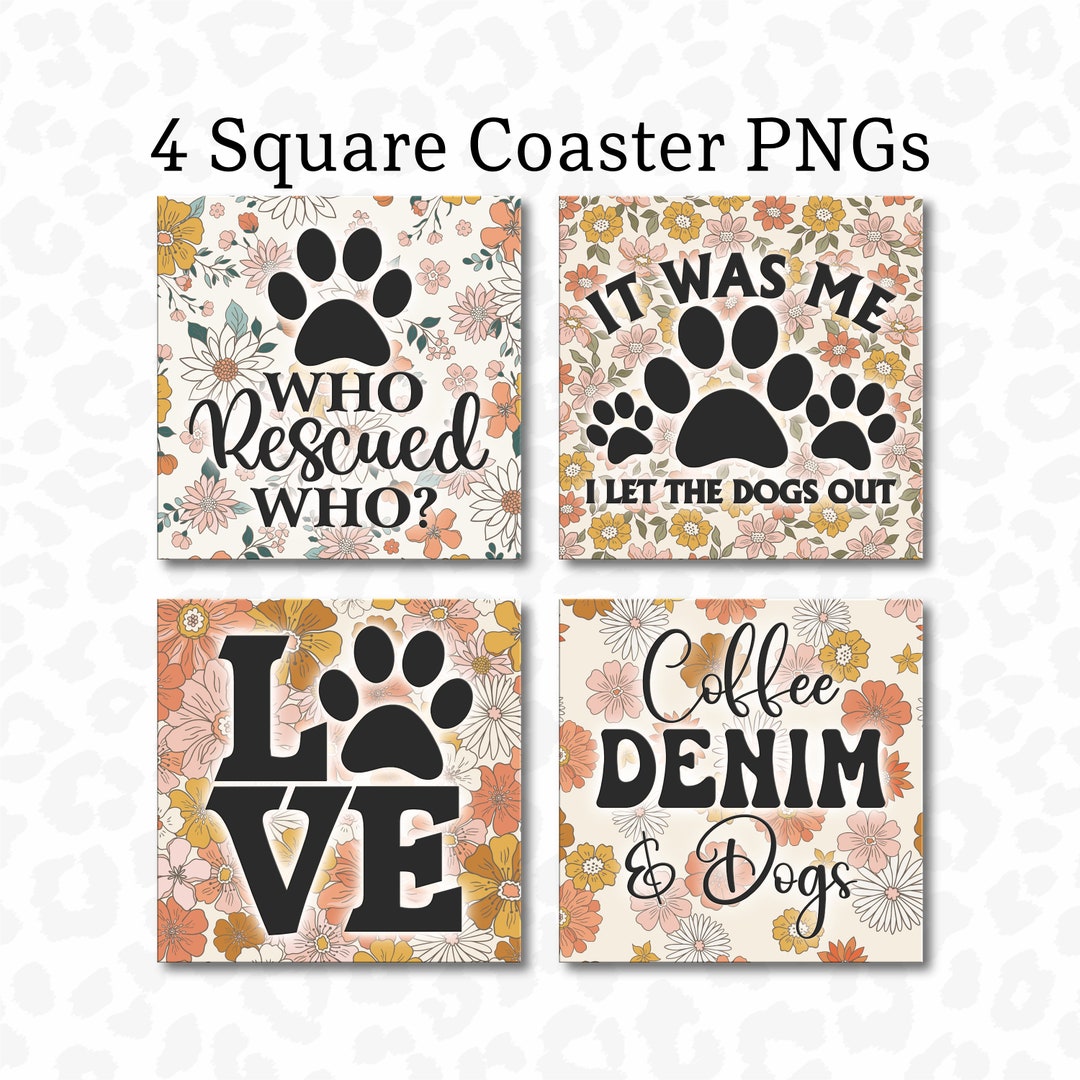 Retro Coaster PNG, Dog Coaster Design, Square Coaster Bundle of 4 ...