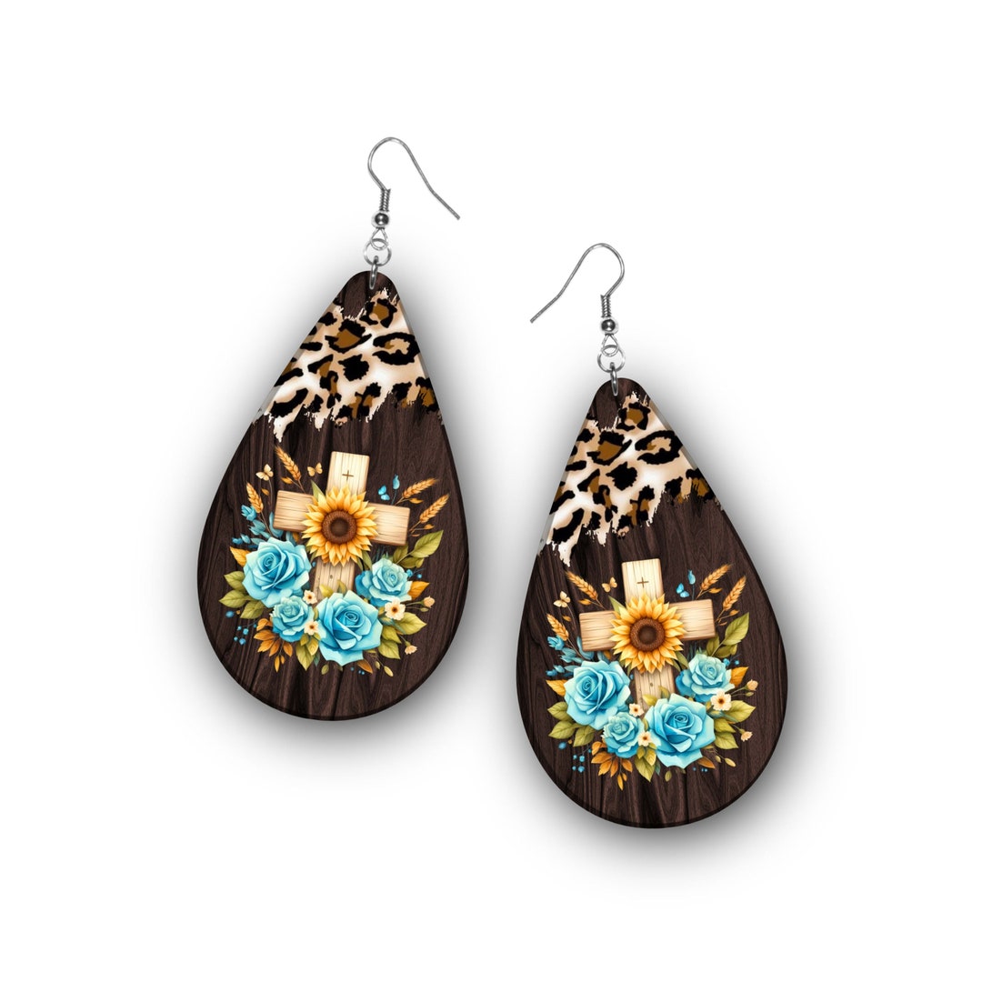 Cross Earring PNG, Christian Earring PNG, Leopard Print, Drop Earring ...