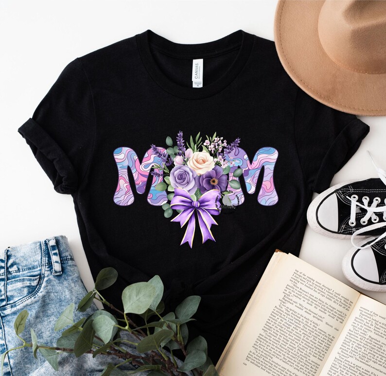 Mom Shirt Design, Purple Floral Bow, Mother's Day, Purple Mom PNG ...