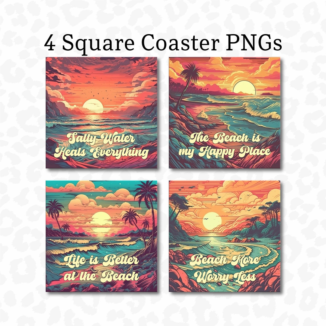 Retro Beach Coaster PNG, Square Coaster Set of 4, Sublimation Design ...