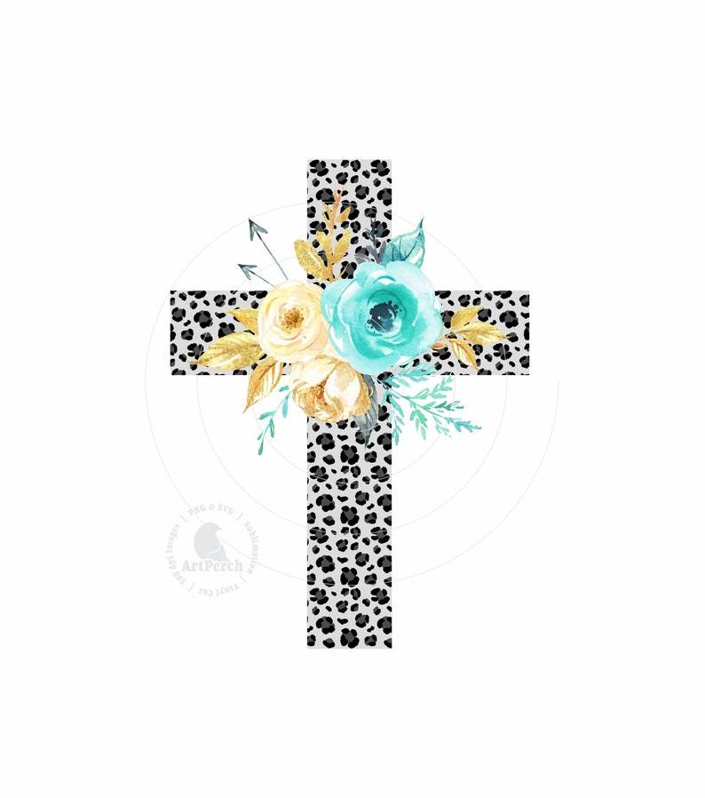 Cross PNG Gray Leopard Print Cross Teal and Gold Roses - Etsy