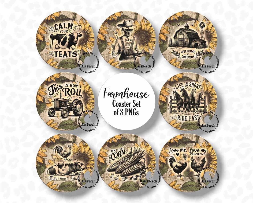 Farm Coaster PNG, Farmhouse Coaster Bundle, Vintage Farm Coaster ...
