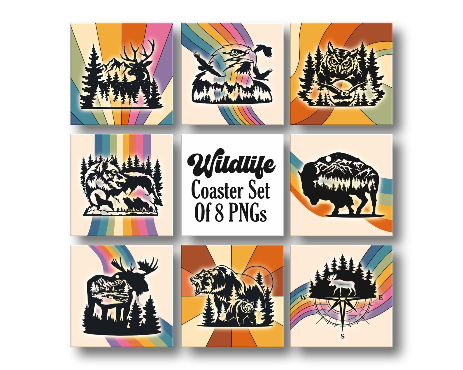 Retro Square Coaster PNG, Wildlife Square Coaster Bundle of 8 ...