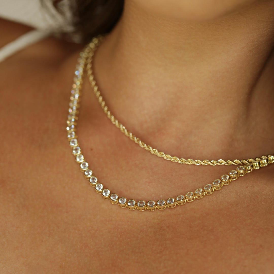 Round Bezel Tennis Necklace and Rope Chain Set | Round CZ Stone ...