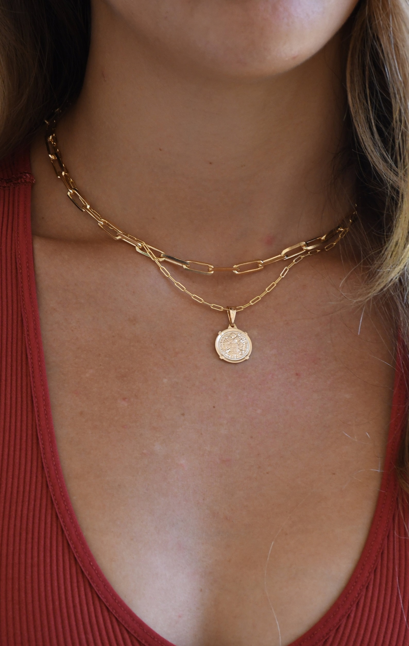 Gold Coin Medallion Necklace Layer Link Chain Paperclip - Etsy