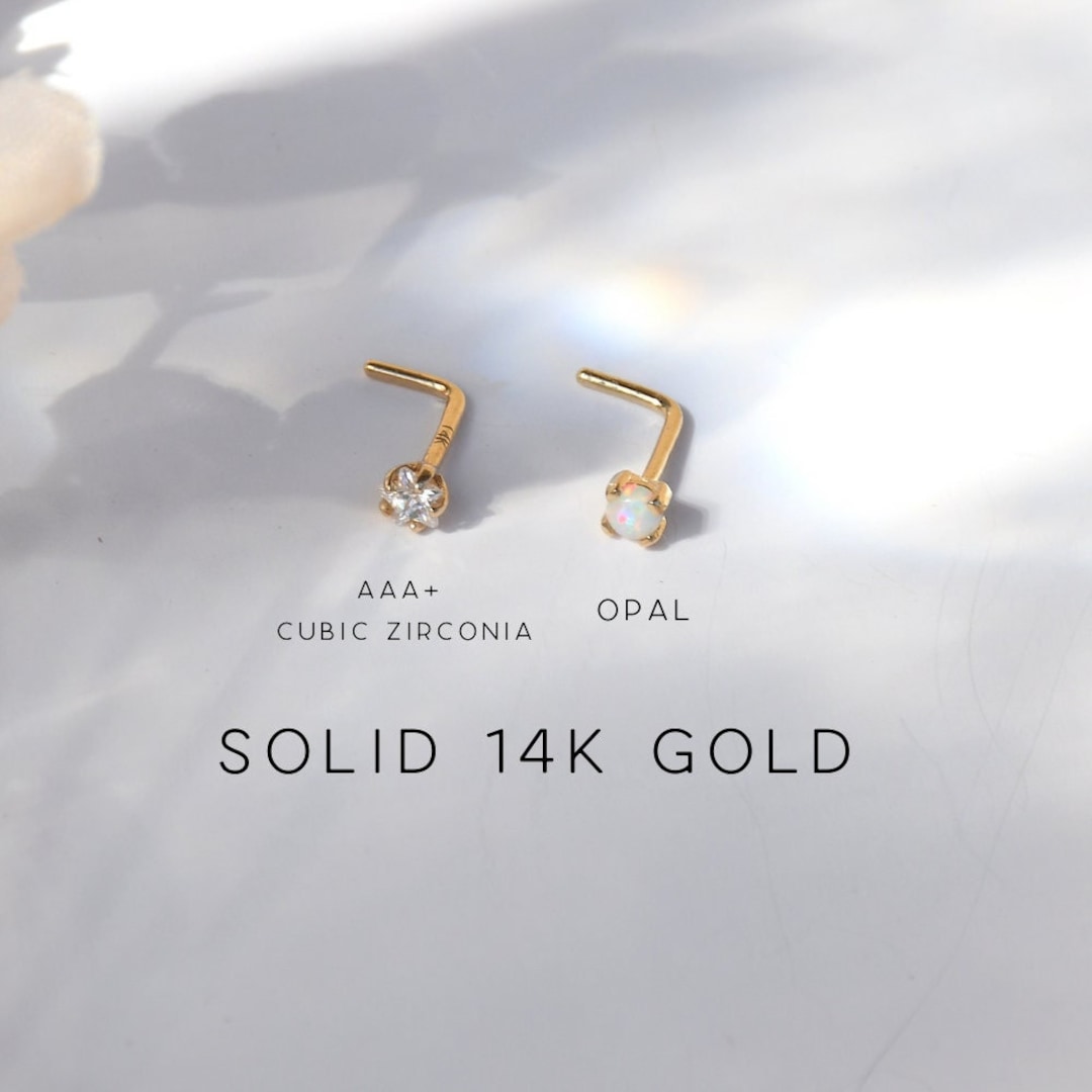 Diamond Gold Nose Stud | Solid 14k Gold Nose Stud | L-shape Diamond ...