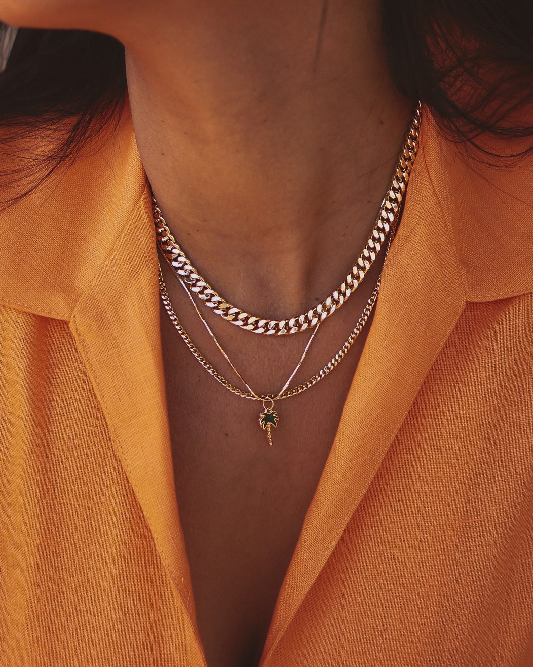 Gold Layered Chain Necklace | Layered Link Chain Set| Palm Tree Pendant ...