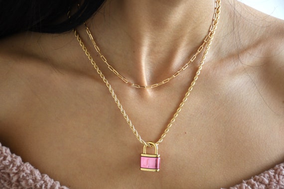 Pink Lock Layered Gold Necklaces Valentines Day Gift | Etsy