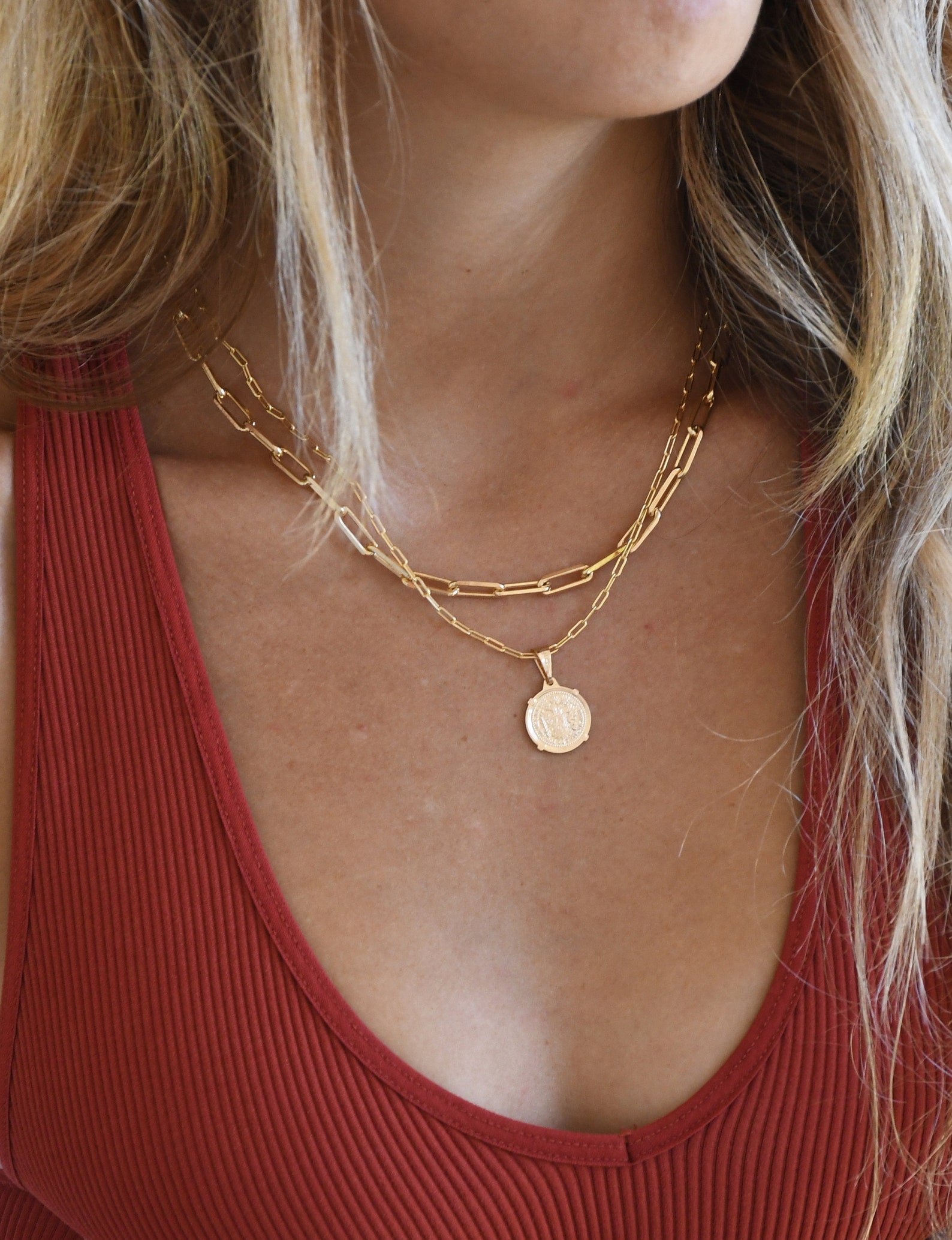 Gold Coin Medallion Necklace Layer Link Chain Paperclip - Etsy