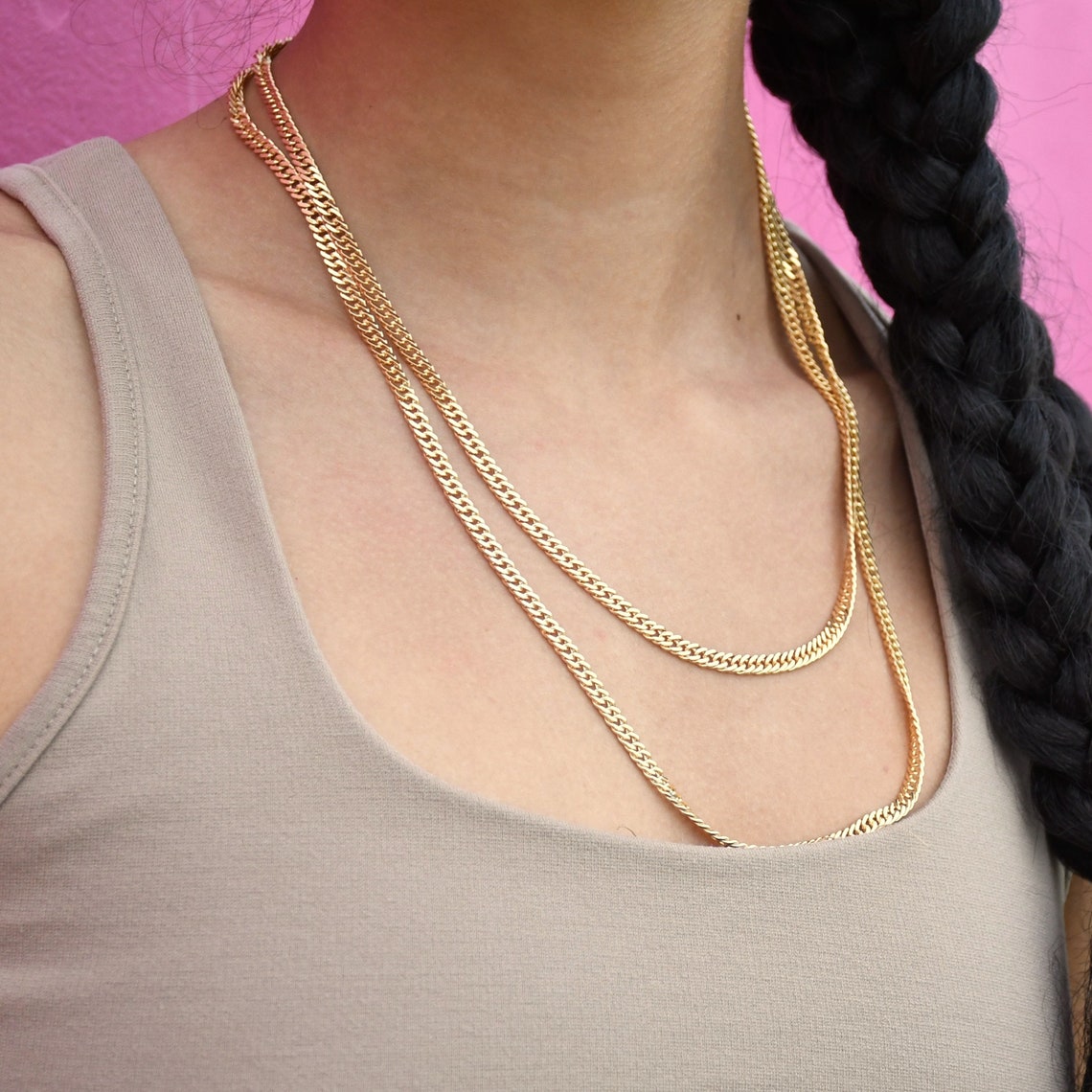 Double Gold Curb Chain, Gold Cuban Chain, Gold Cuban Set, Gold Layered ...