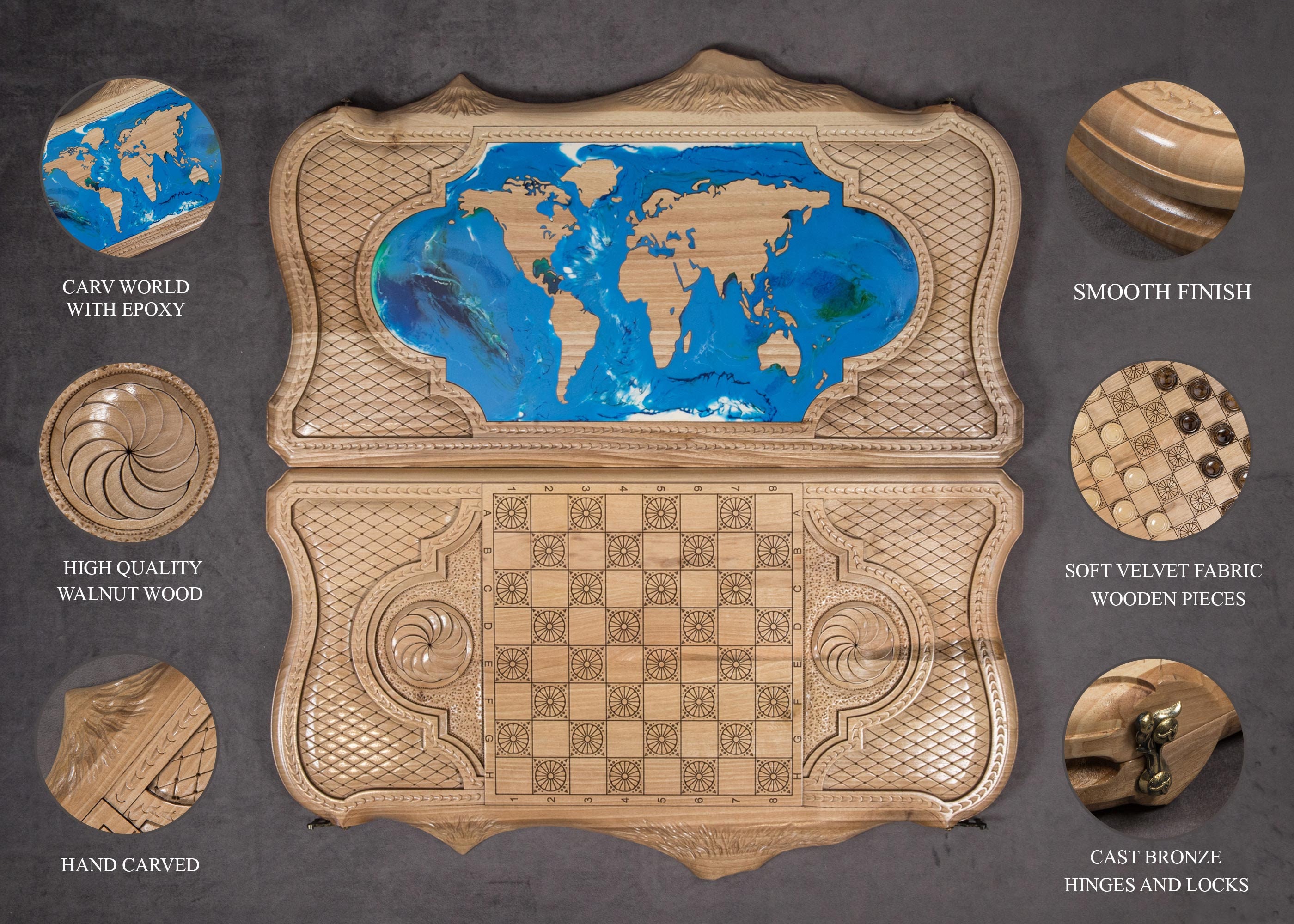 Handcrafted Walnut Wood World Map With Epoxy Finish Artisan Carved ...
