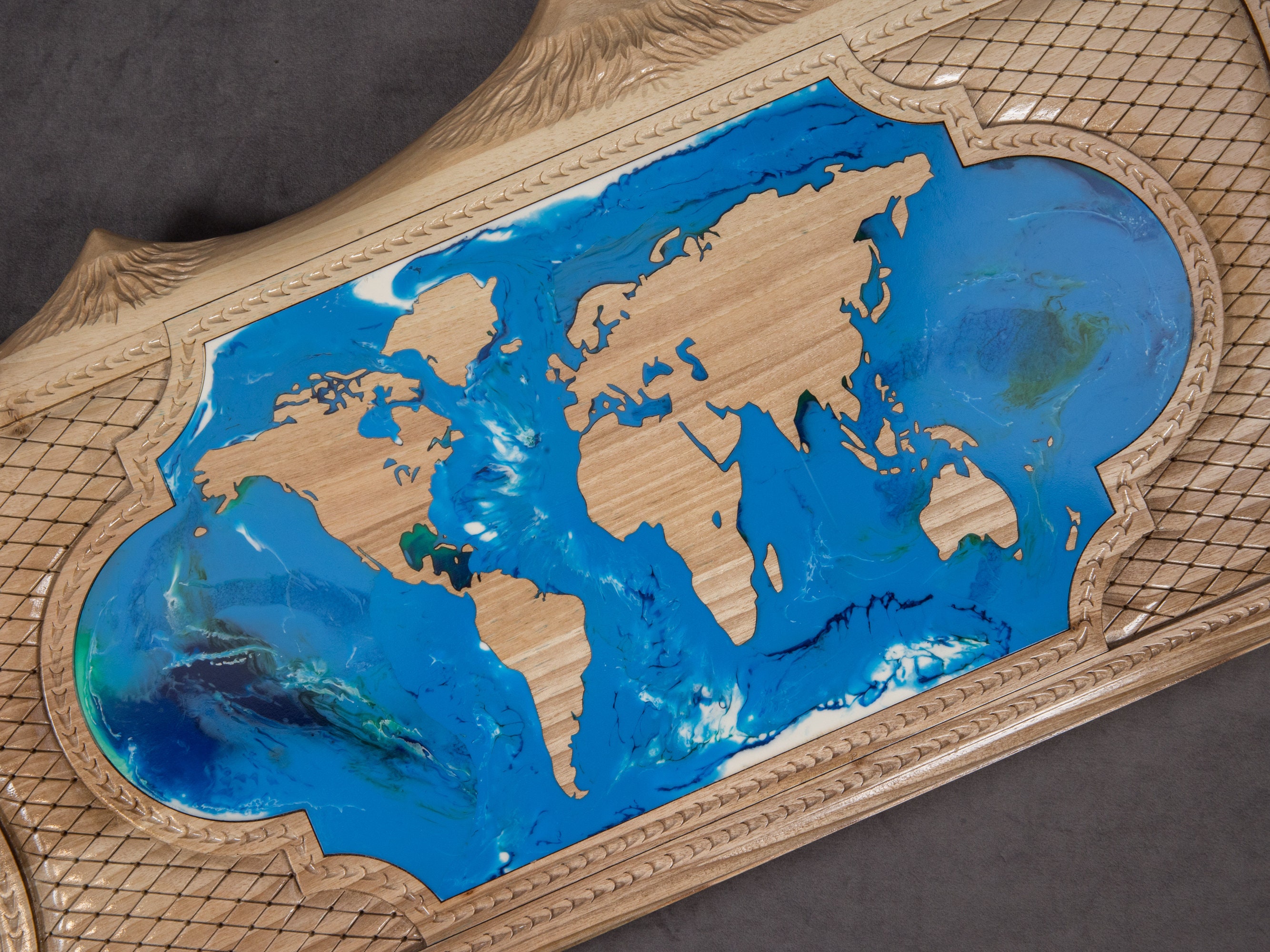 Handcrafted Walnut Wood World Map With Epoxy Finish Artisan Carved ...