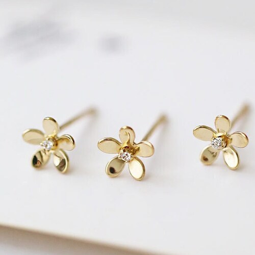 9K Solid Gold Tiny Flower Stud Earrings Real Solid Gold - Etsy