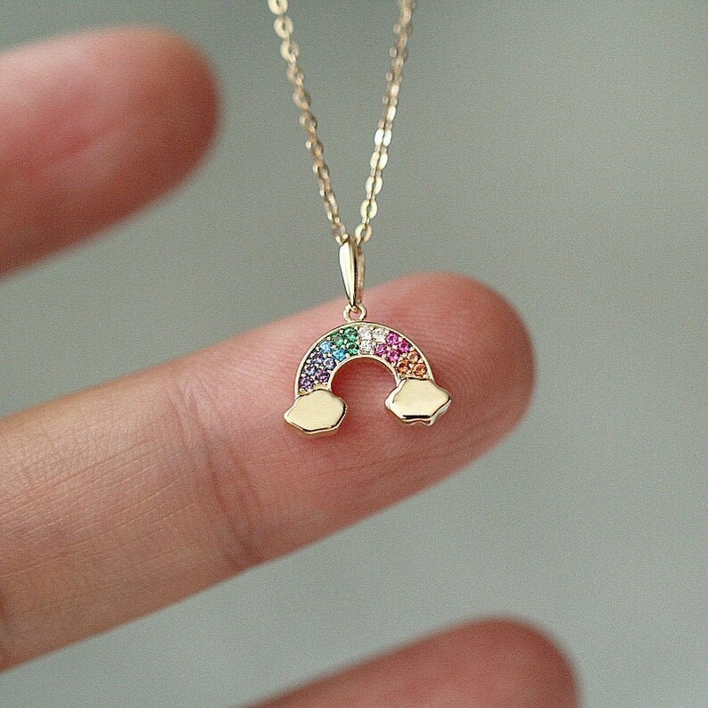 SOLID GOLD Delicate Rainbow Pendant Necklace 9K Solid Gold - Etsy