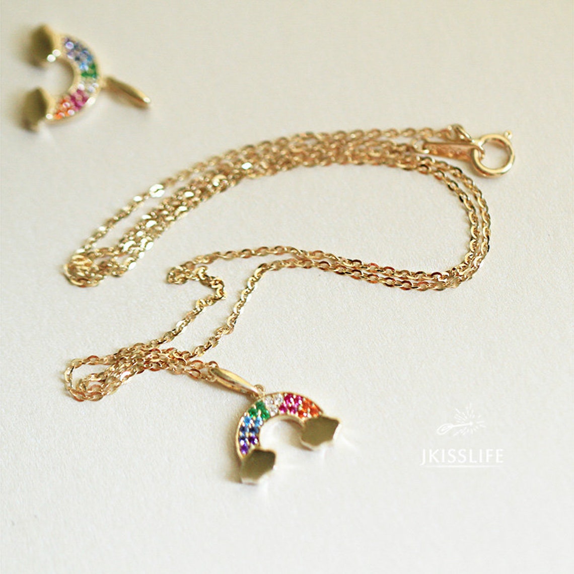 SOLID GOLD Delicate Rainbow Pendant Necklace 9K Solid Gold | Etsy