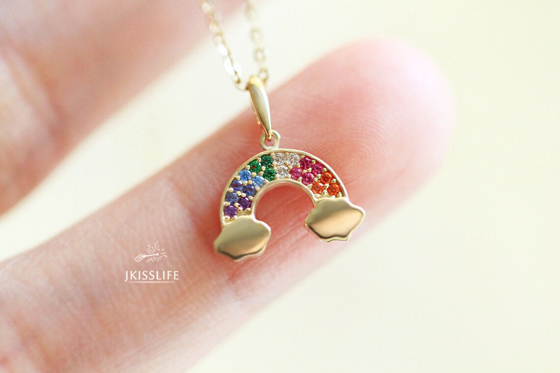SOLID GOLD Delicate Rainbow Pendant Necklace 9K Solid Gold | Etsy