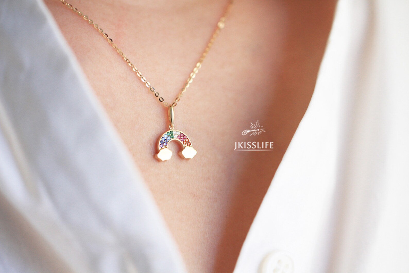SOLID GOLD Delicate Rainbow Pendant Necklace 9K Solid Gold | Etsy