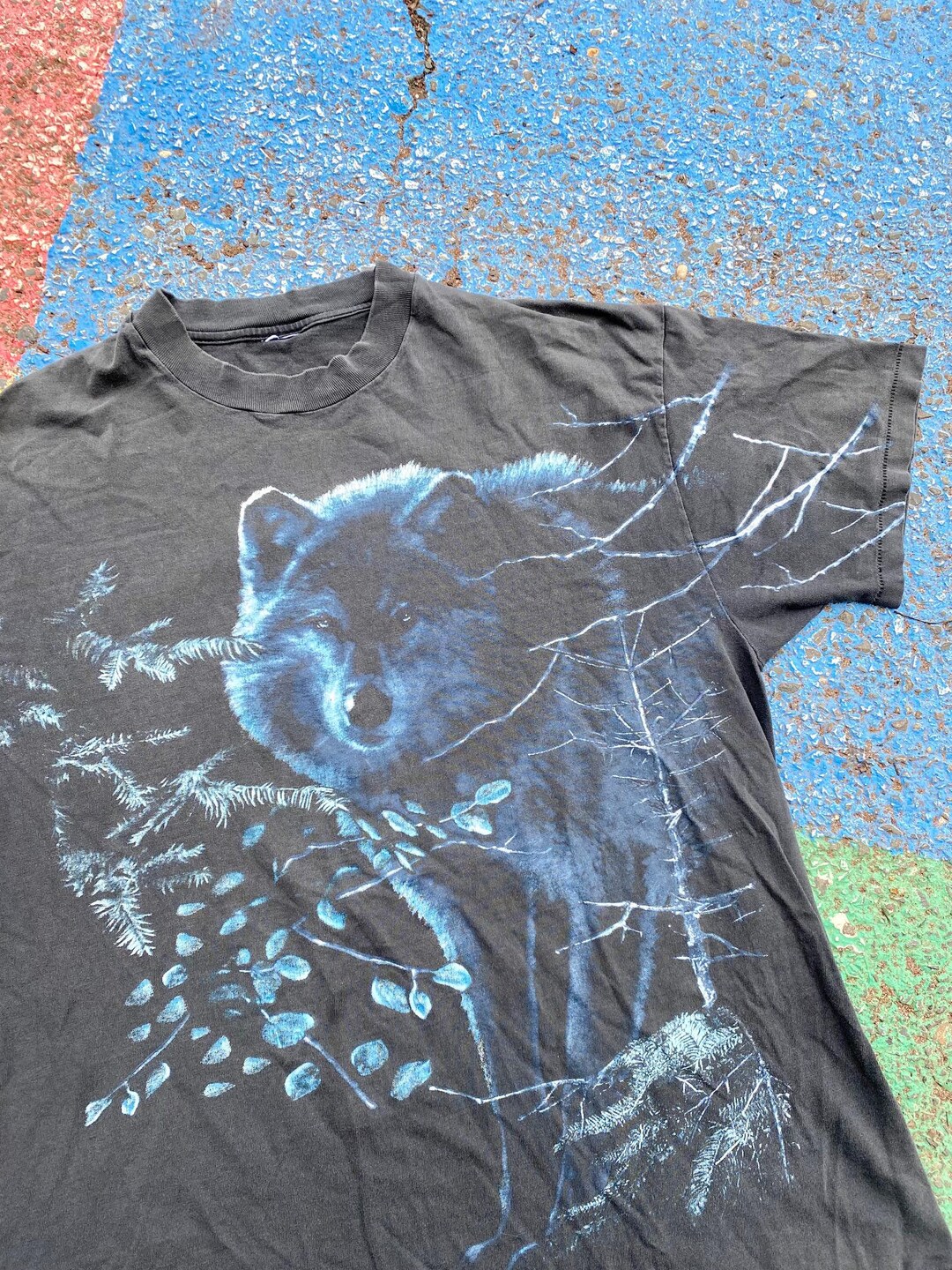 Vintage 90s Wolf in Nature Forest Trees Nocturnal Animals Blue Hue ...