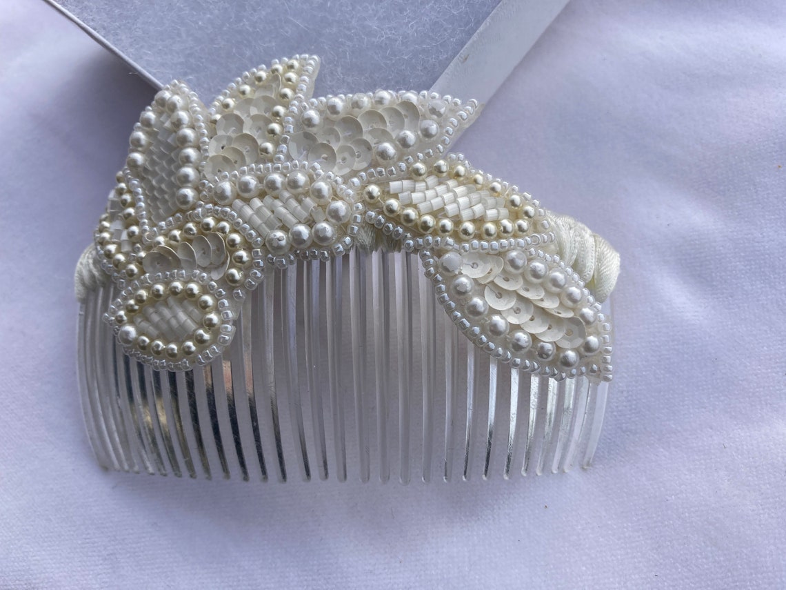 Pearl Beaded Ivory Embroidered Hair Comb Hair Pin Hair Accessory Brides ...