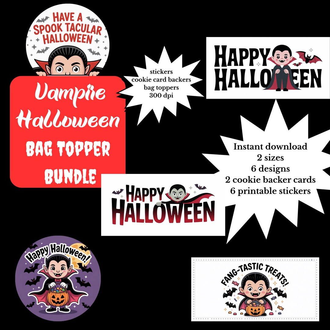 Dracula Halloween Treat Bag Toppers & Stickers: Printable Cookie Cards ...