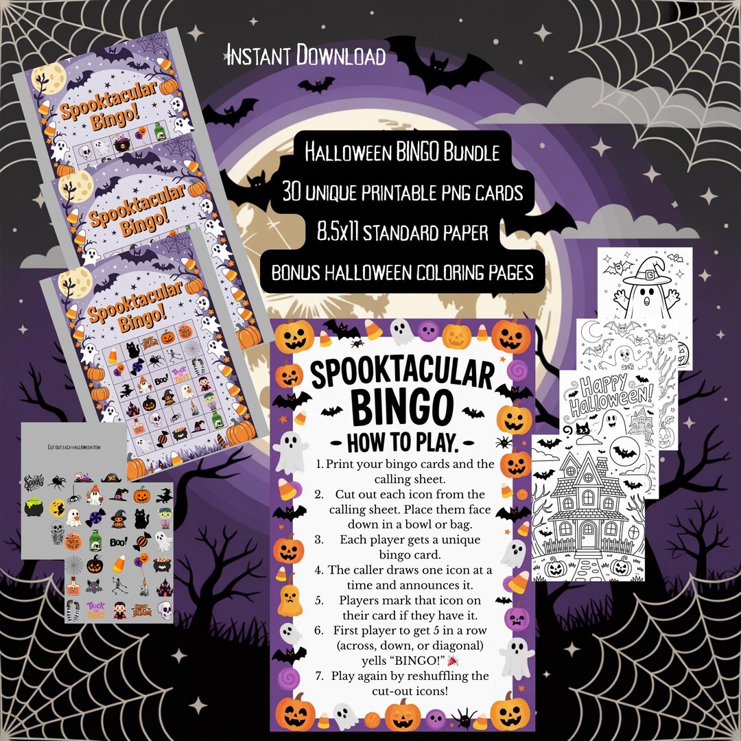 Halloween Bingo Game: 30 Unique Cards + Coloring Pages (printable PNG ...