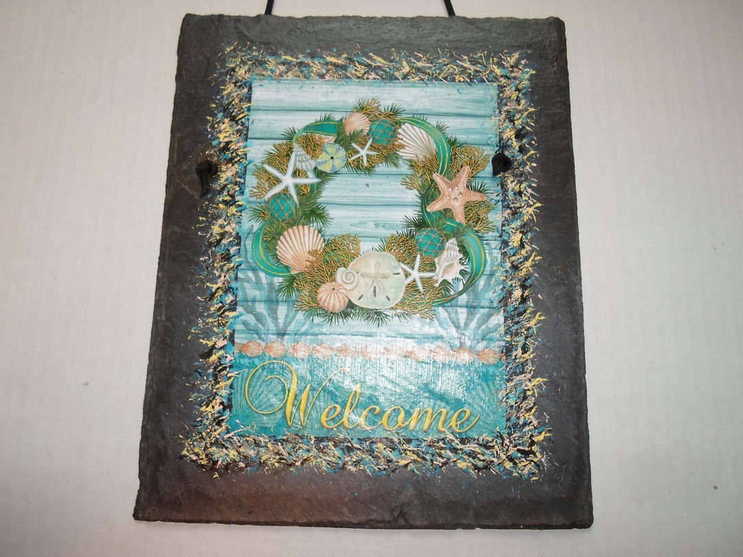 8x10 Decoupage & Hand Painted Slate Roofing Tile From Maine Coastal ...