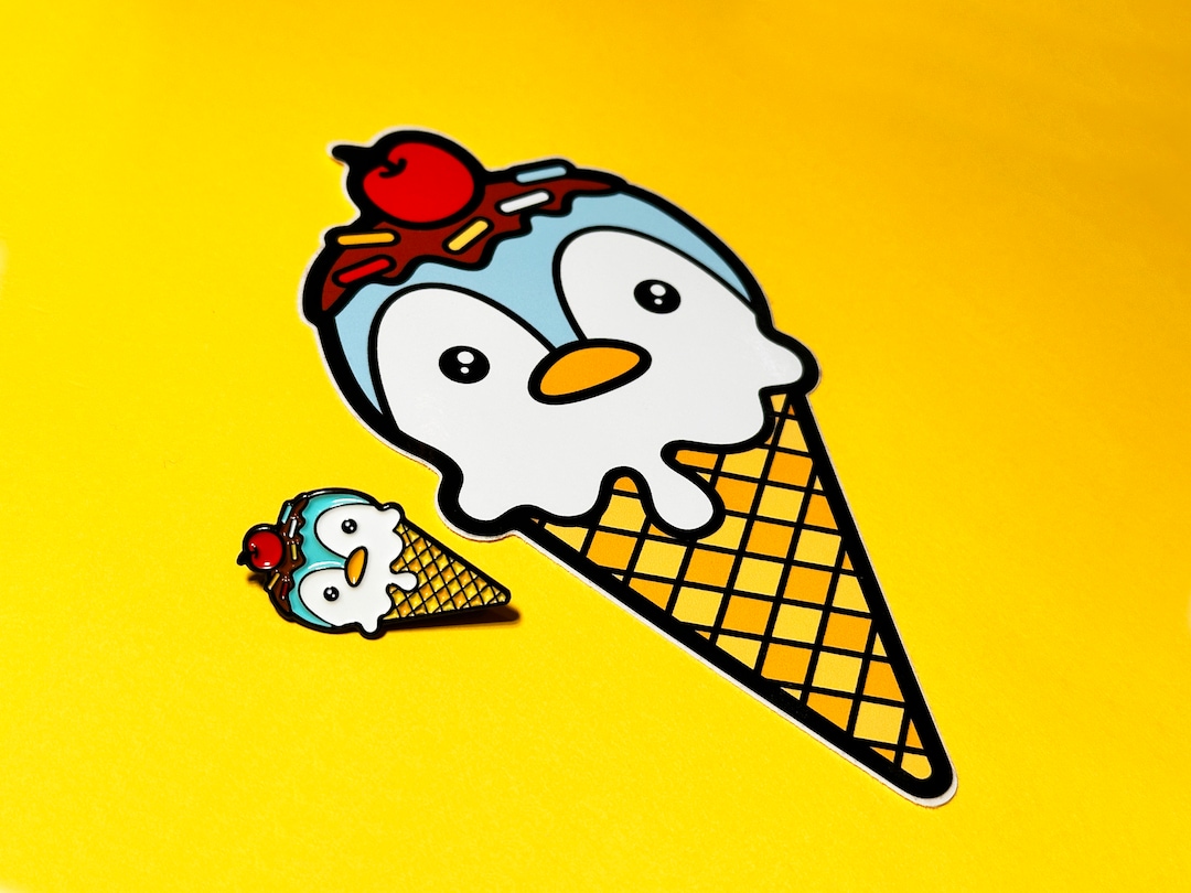 Penguin Ice Cream Cone Enamel Pin Badge and Vinyl Sticker Combo, A ...
