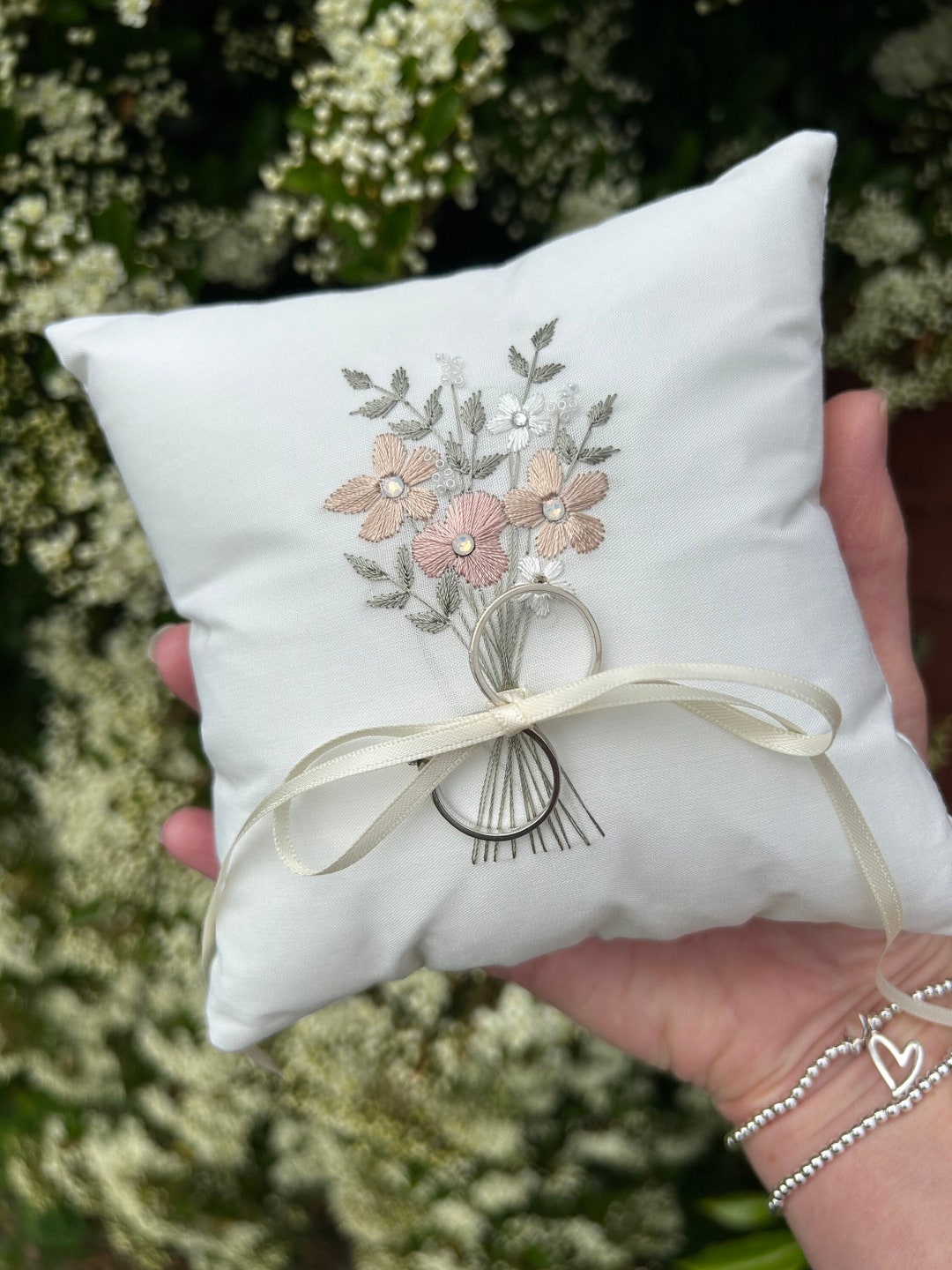 Hand Sewn Flower Wedding Ring Cushion for Ceremony, Floral Bouquet Ring ...