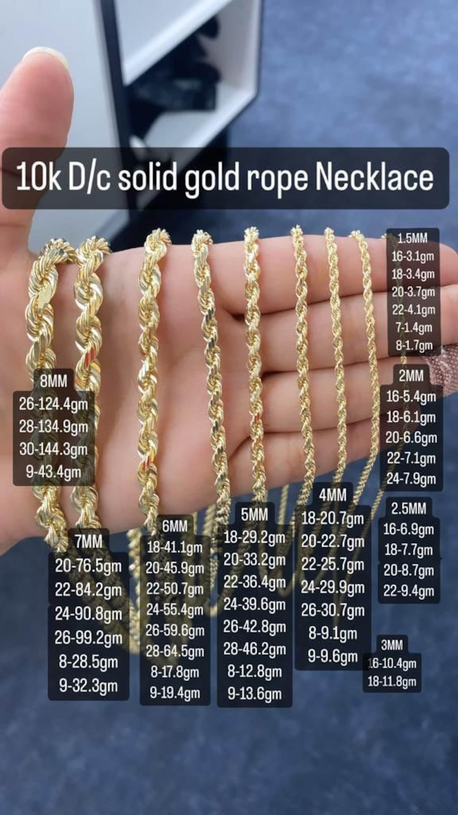 Real 10K Solid Yellow Gold Rope Chain Necklace 1.5mm 2mm 2.5mm 3mm 4mm ...