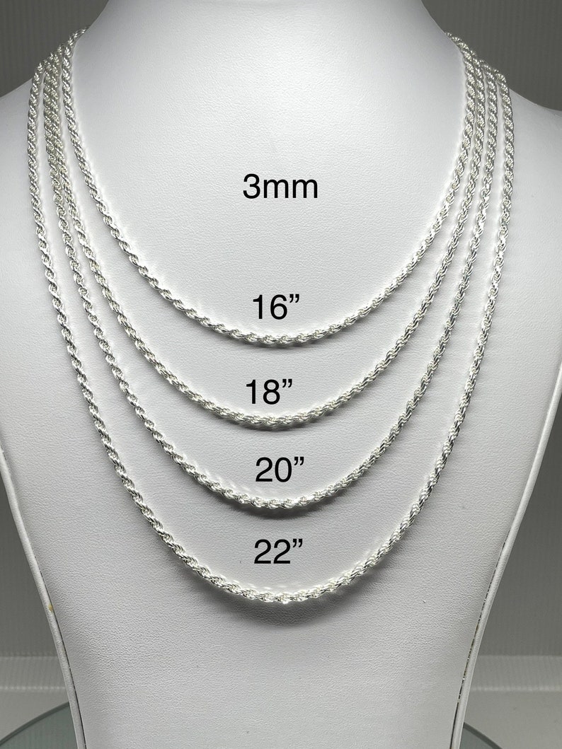 925 Sterling Silver Rope Chain Necklace, Made in Italy, 1mm, 2mm, 3mm ...