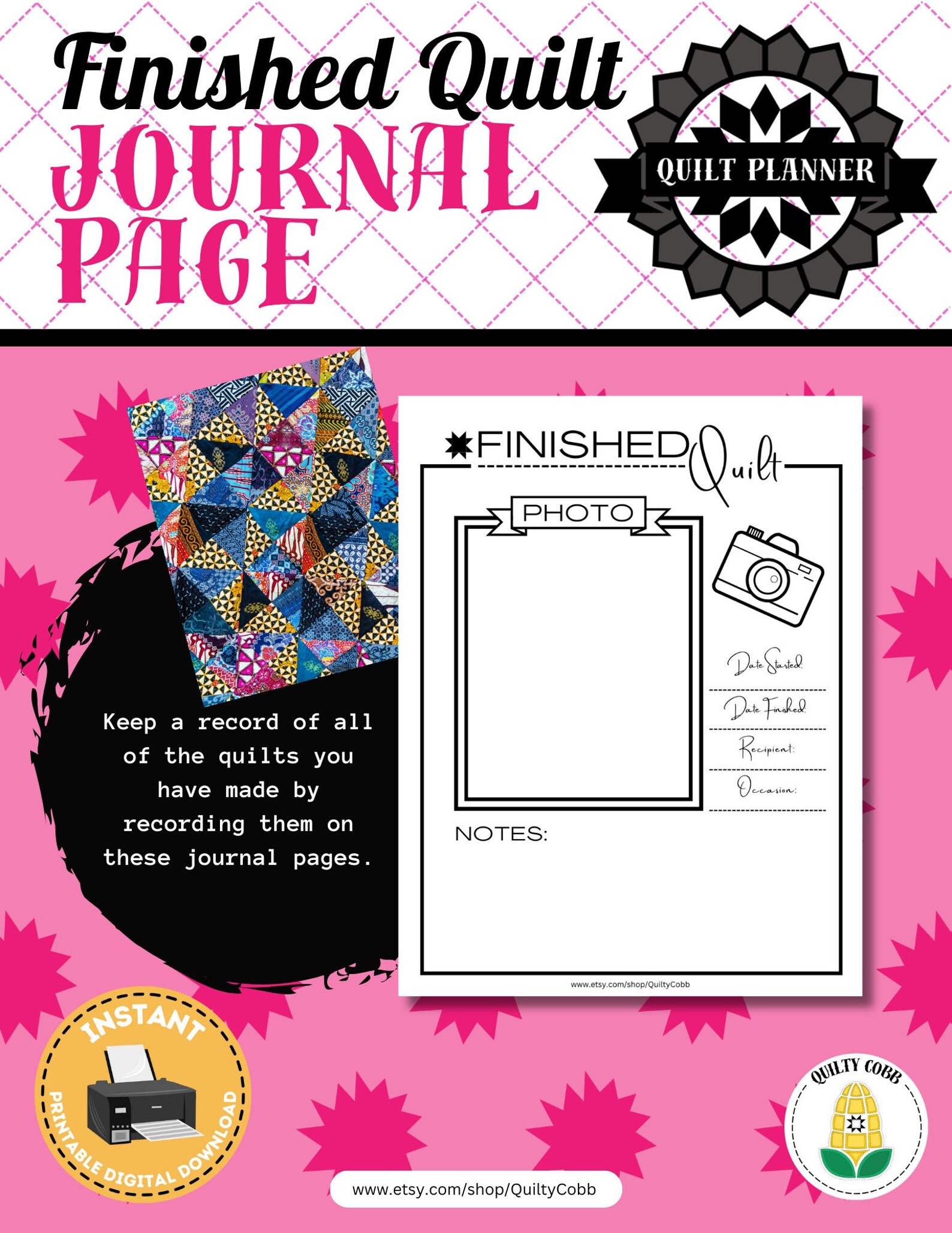 QUILT PLANNER, Finished Quilt Journal Page, Instant Digital Download ...