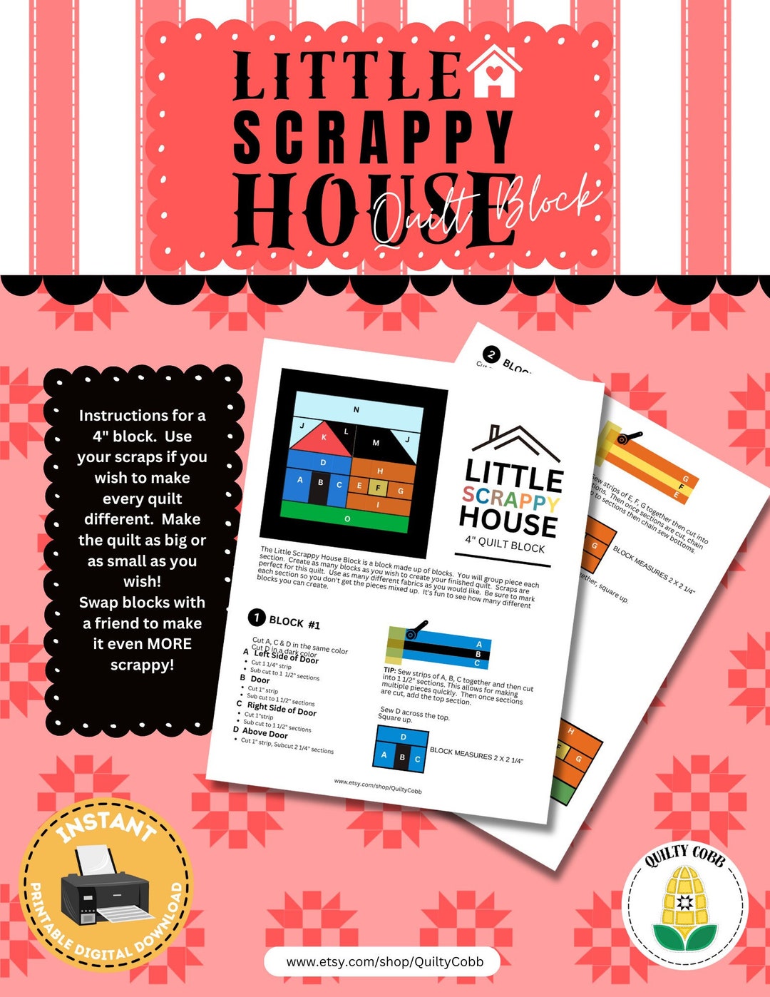 QUILT PATTERN, Little Scrappy House, House Quilt, 4" Block, Digital ...