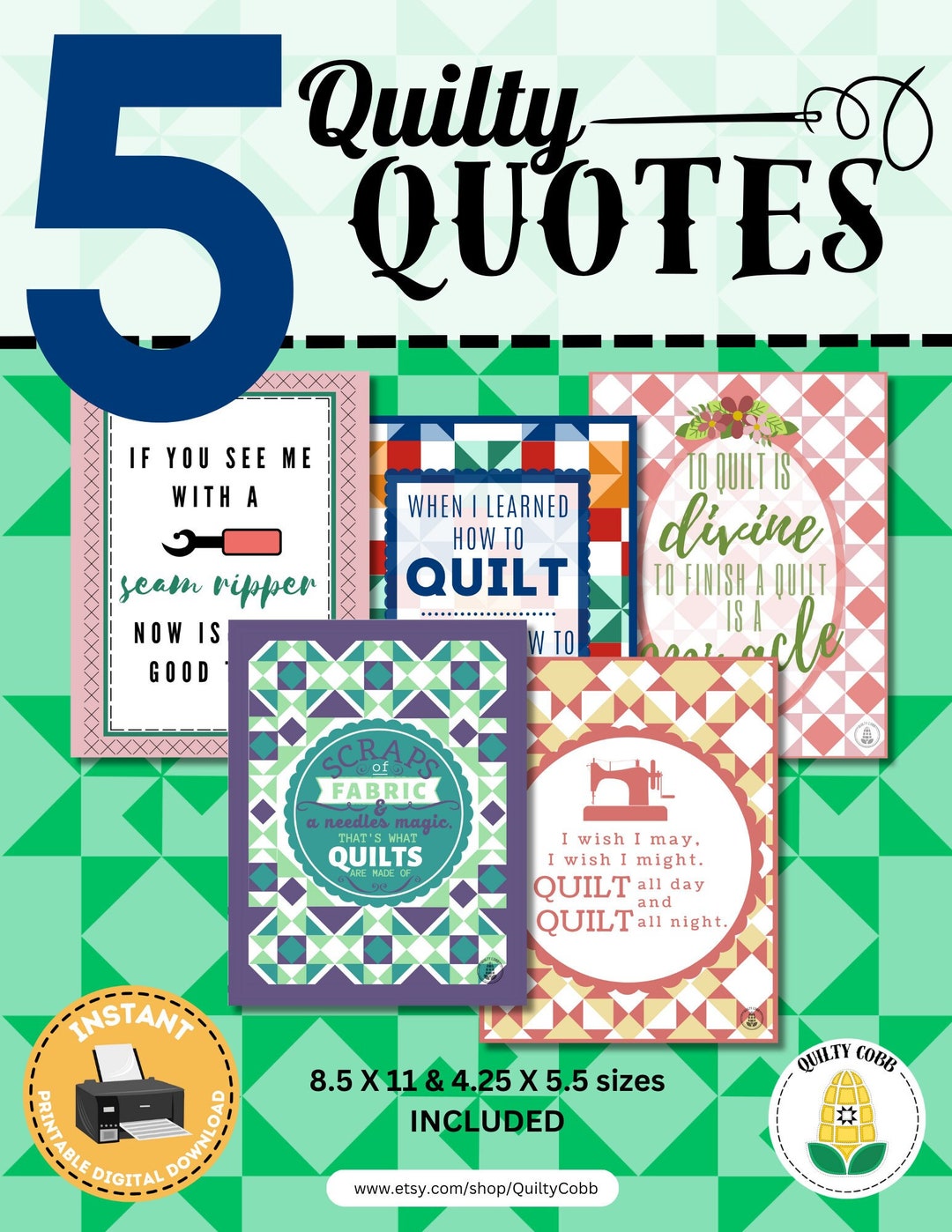 QUILT QUOTES BUNDLE, 5 Instant Digital Downloads, Printable Art, Quilty ...