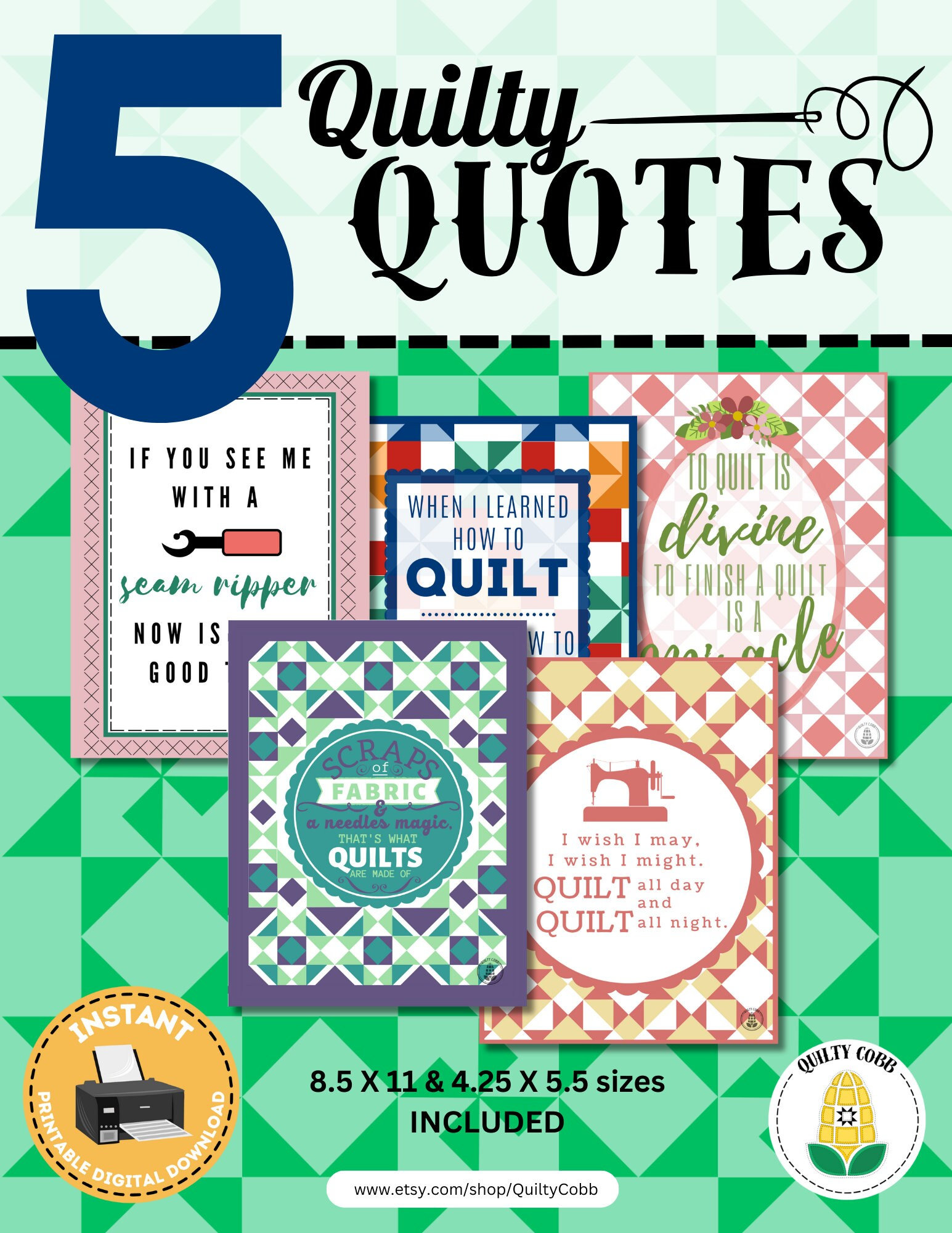 QUILT QUOTES BUNDLE, 5 Instant Digital Downloads, Printable Art, Quilty ...