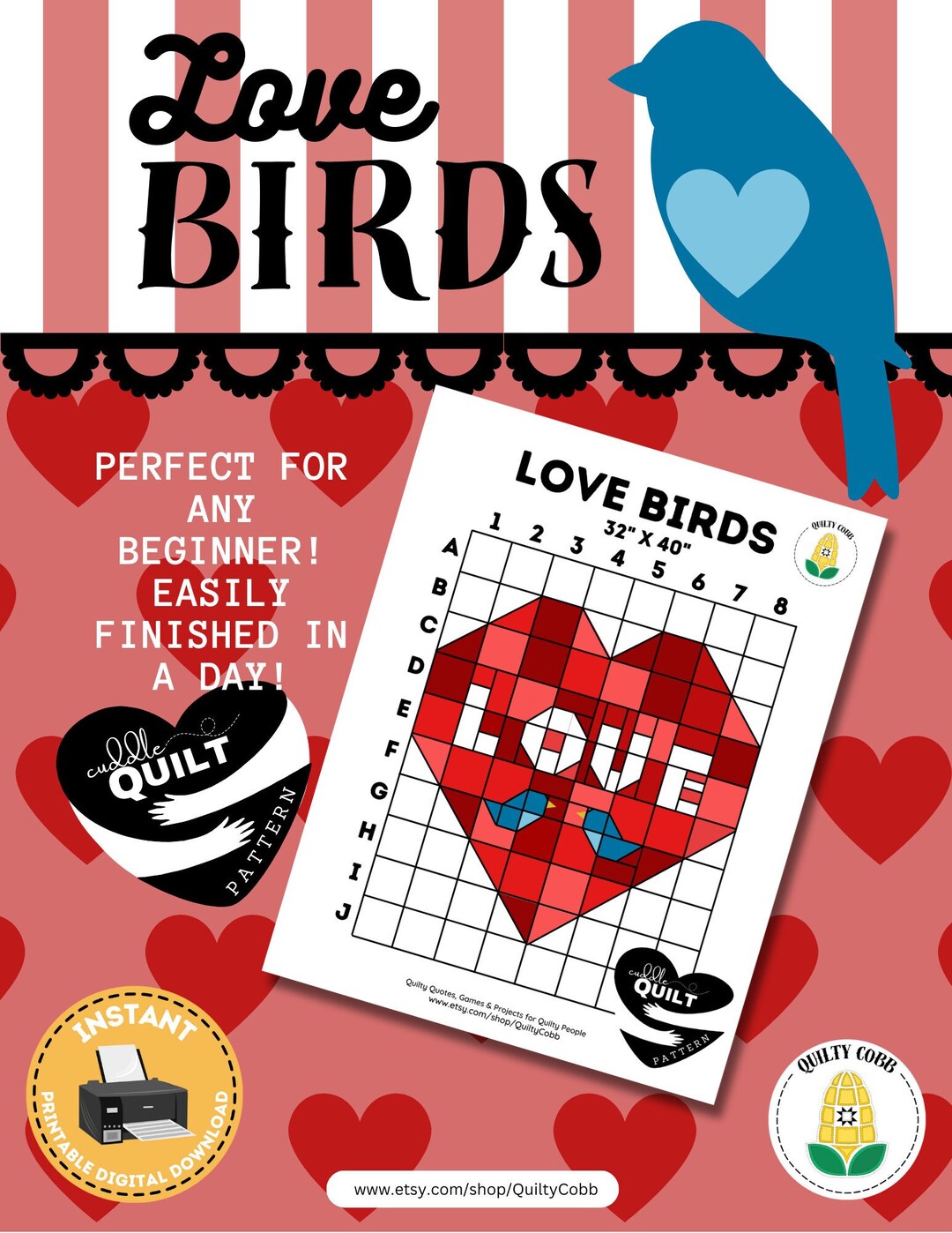 QUILT PATTERN, Love Birds Quilt, Valentines Day Quilt, Simple Beginner ...