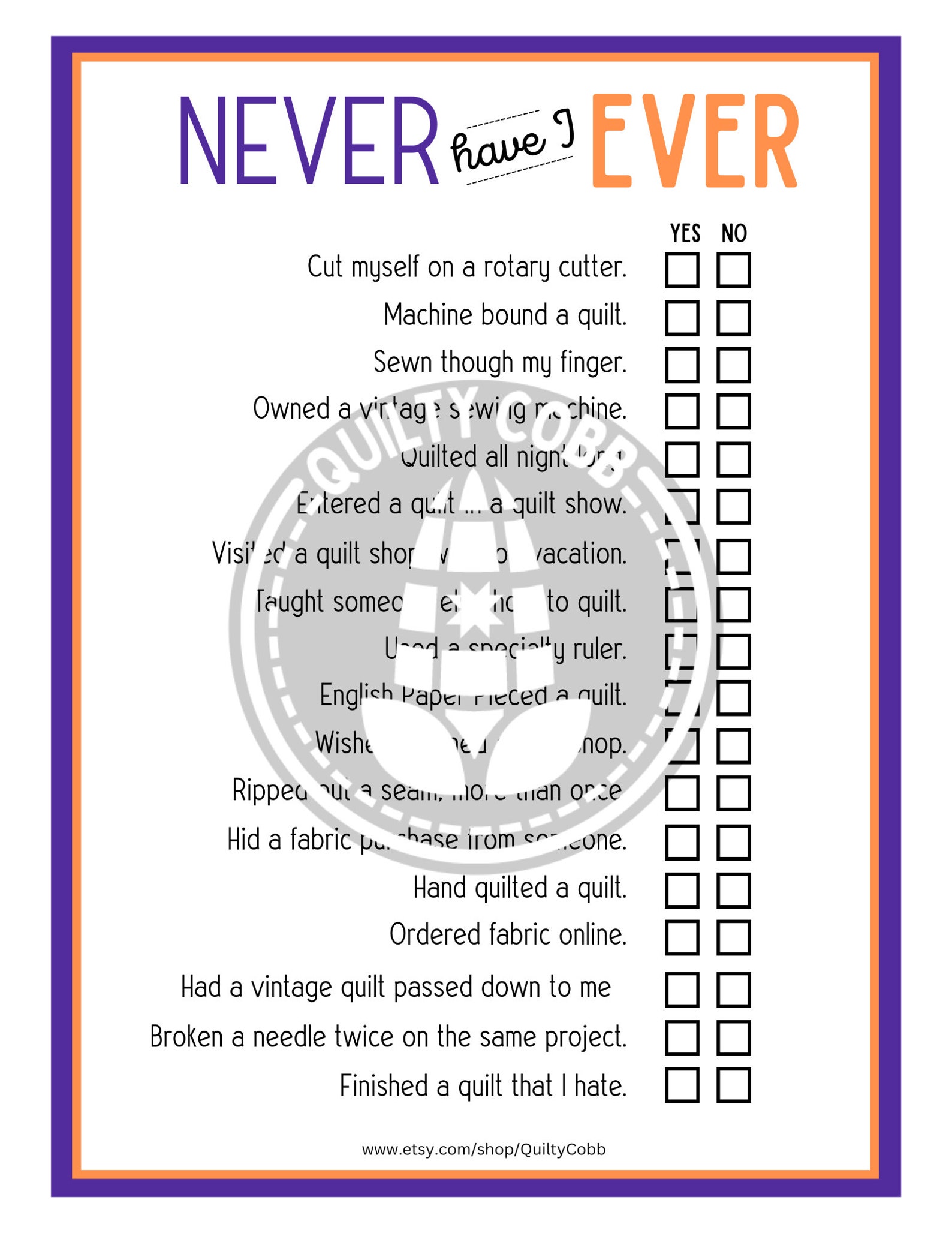 QUILT GAME, Never Have I Ever, Instant Digital Download, Printable Game ...