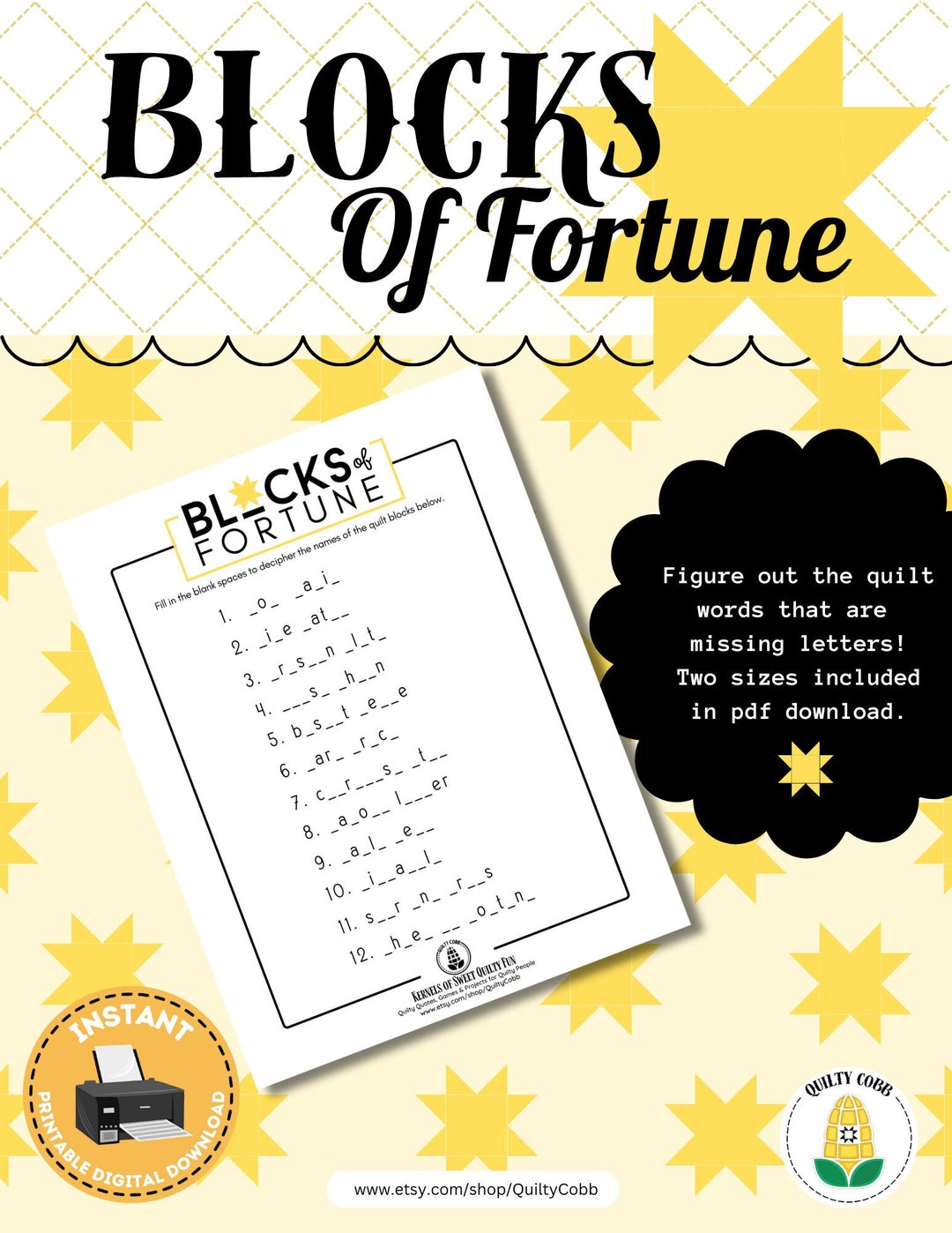QUILT GAME, Blocks of Fortune, Instant Digital Download, Printable Game ...