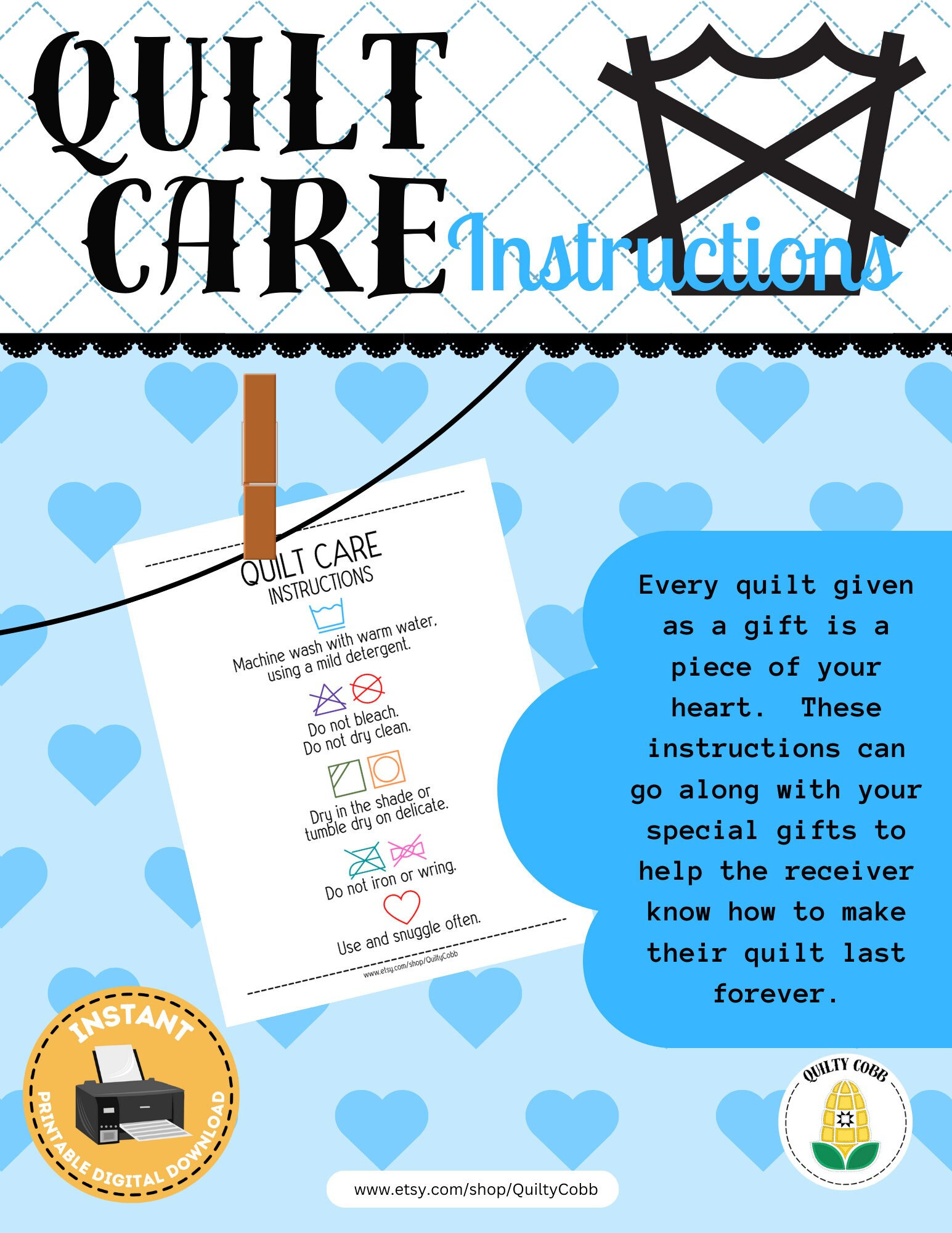 QUILT GIFT, Printable Quilt Care Instructions, Instant Digital Download ...