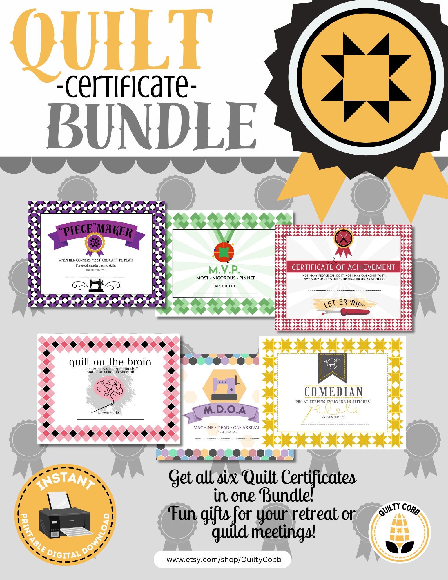 QUILT CERTIFICATE Retreat Bundle, Award for Retreat, Guild Meeting ...