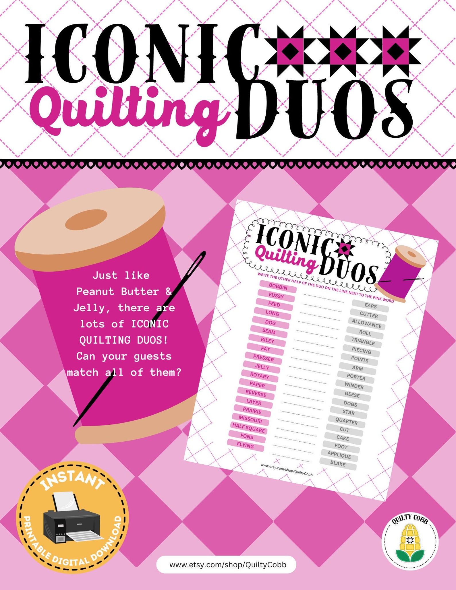 QUILT GAME, Iconic Quilting Duos, Instant Digital Download, Printable ...
