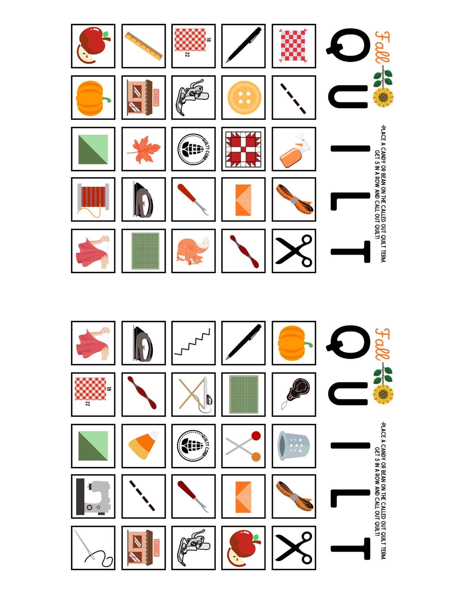 QUILT GAMES, FALL Quilt Bingo, Instant Digital Download, Printable Game ...