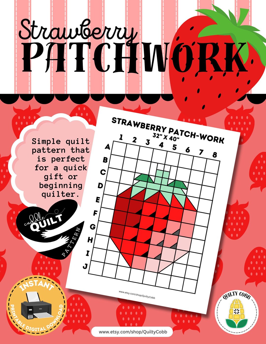 Strawberry Patchwork Quilt Pattern: Throw Quilt (digital Download) - Etsy