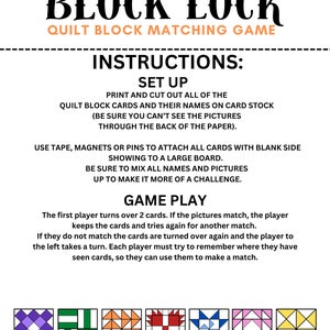 QUILT GAME, Quilters Block Lock, Memory Game, Instant Digital Download ...