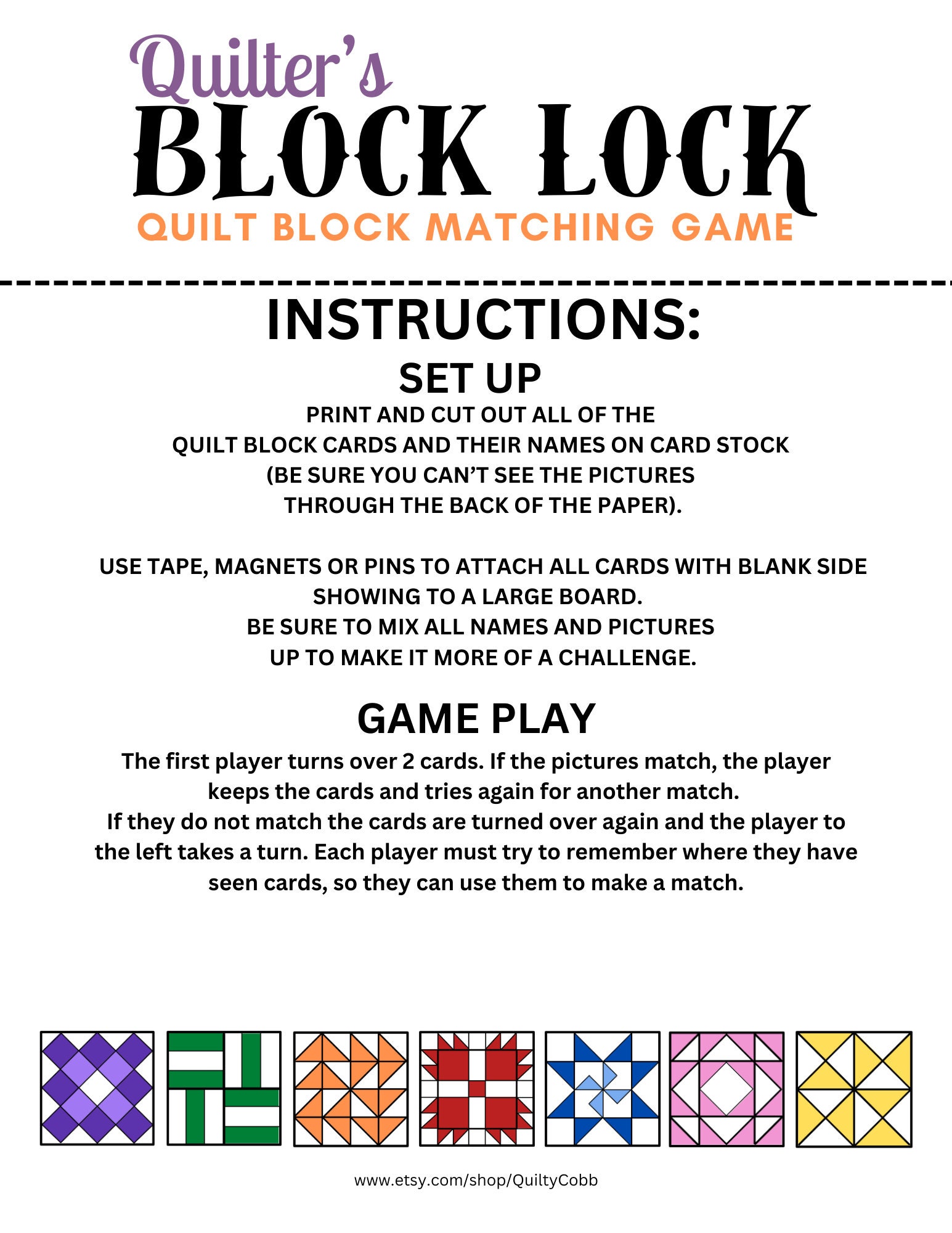QUILT GAME, Quilters Block Lock, Memory Game, Instant Digital Download ...