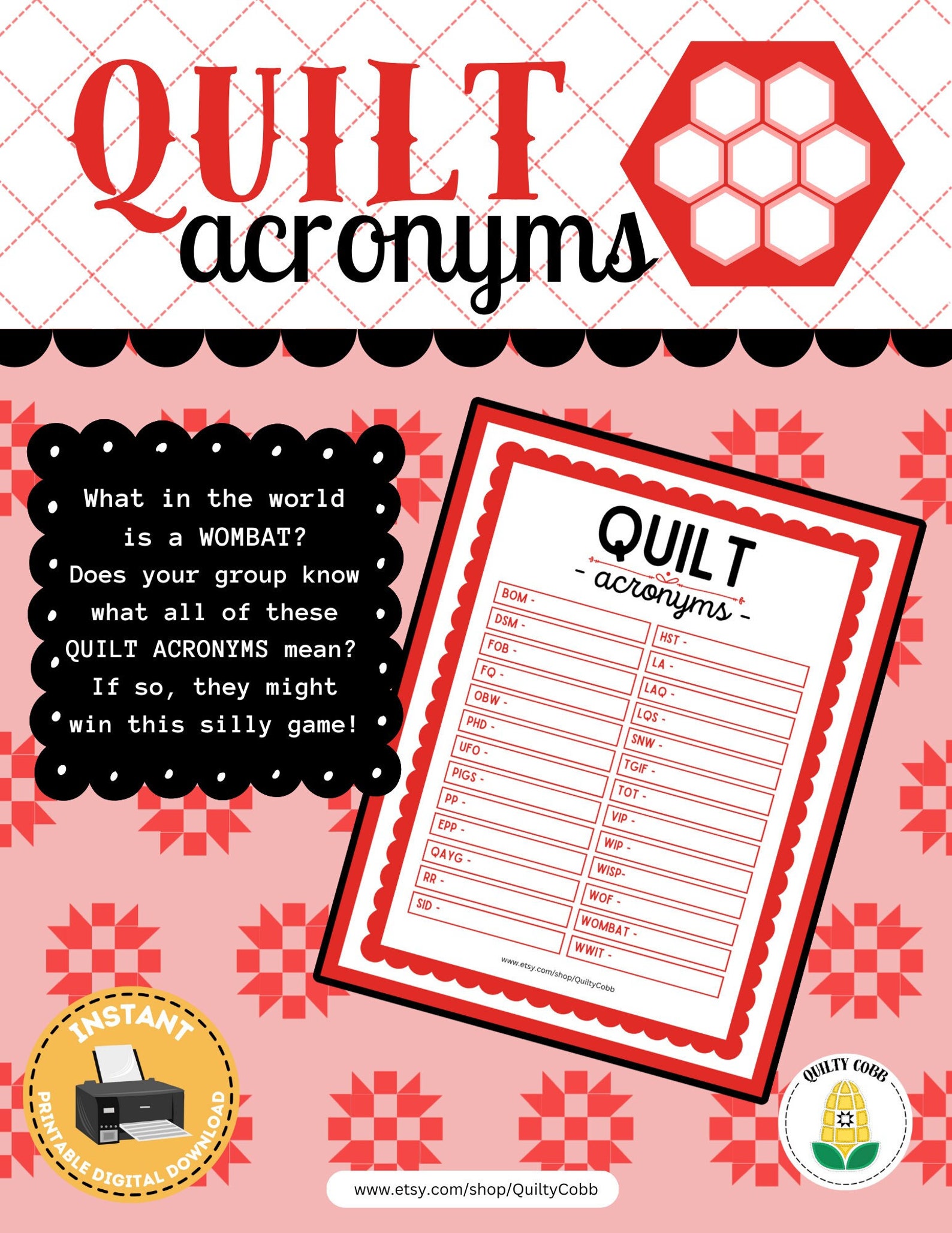 QUILT GAME, Quilt Acronyms, Instant Digital Download, Printable Game ...