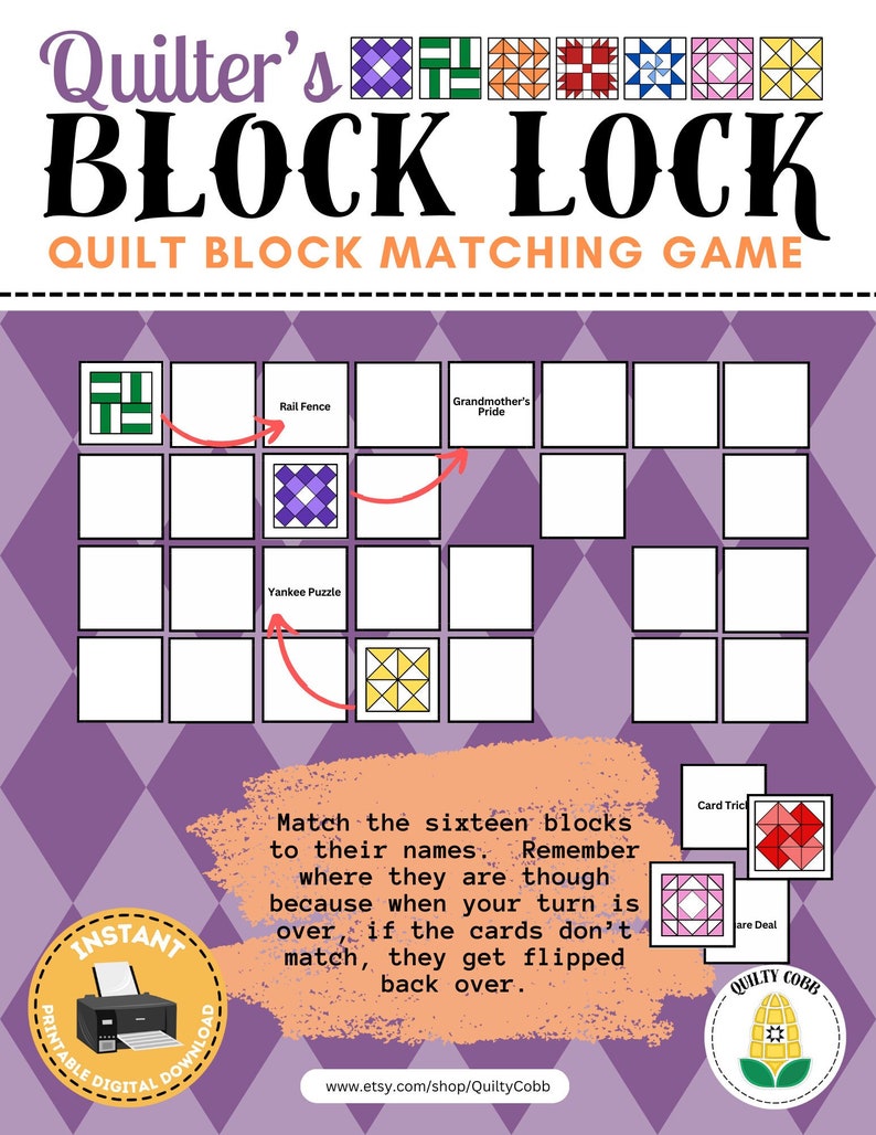 QUILT GAME, Quilters Block Lock, Memory Game, Instant Digital Download ...
